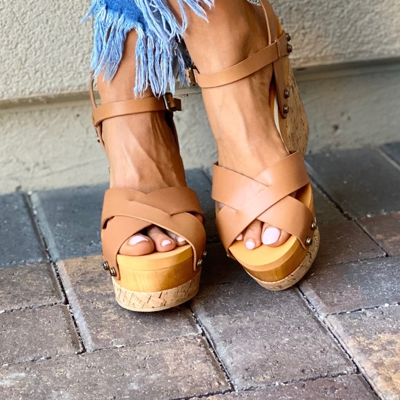 Flogg | Shoes | Flogg Cognac Genuine Leather Cork Platform Wedge | Poshmark